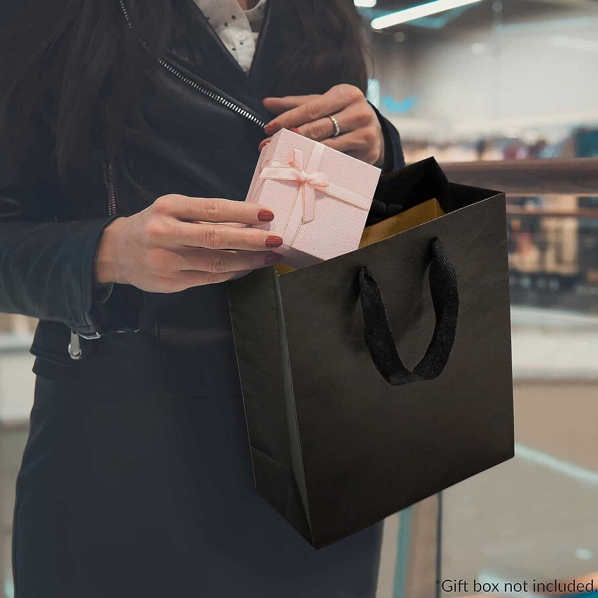 8x4x10 Small Black Paper Bags with Ribbon Handles – Prime Line Retail